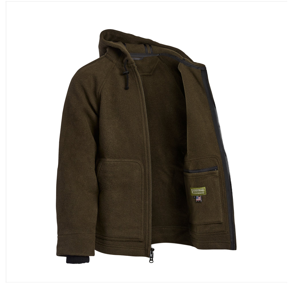 WeatherWool Hooded Jacket, 100% Merino Jacquard Fabric. Made in USA